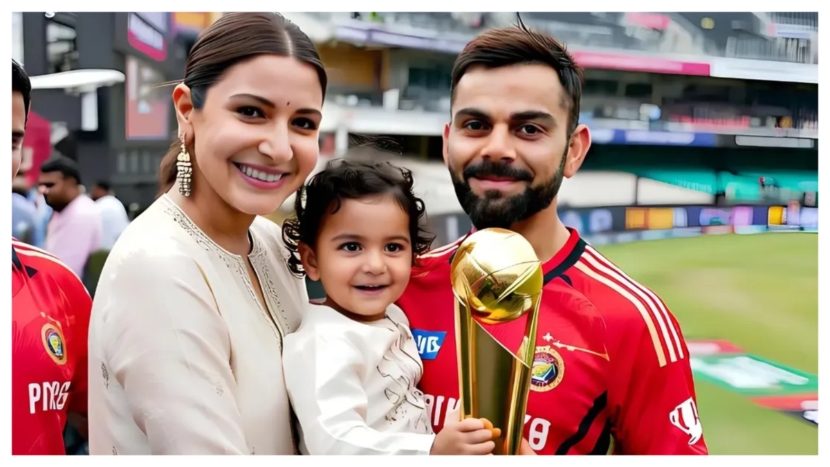 fact check Virat kohli Anushka sharma with kids akaay and vamika poses with IPL RCB Winner ...