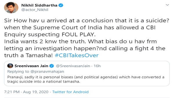 Nikhil Siddhartha Questions Journalist After He Calls Sushant Singh ...