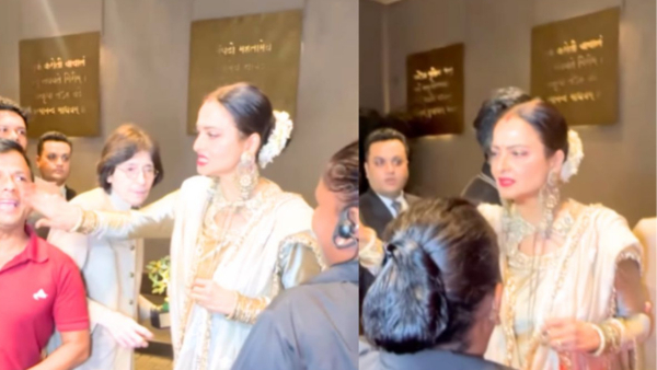 Rekha At 68 Stuns In Glittery Dhoti Saree, Playfully Slaps Pap On Cheek ...