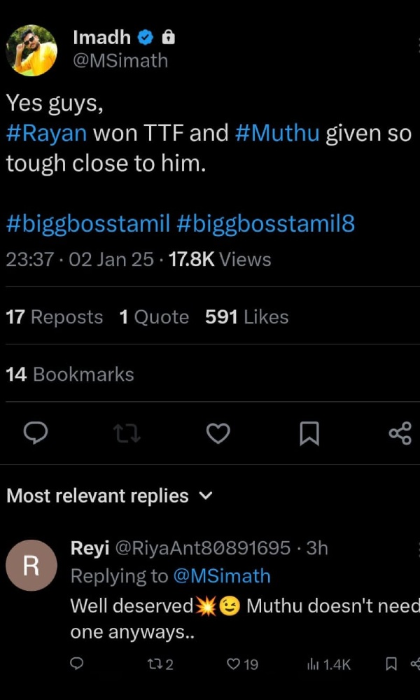 Bigg Boss Tamil 8 Ticket To Finale Winner Name: Rayan or Muthukumaran ...