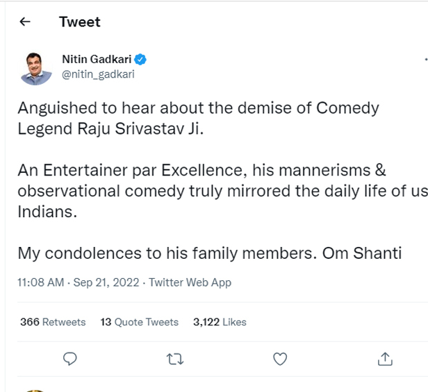Twitterati Pour Condolence Messages For Sad Demise Raju Srivastav ...