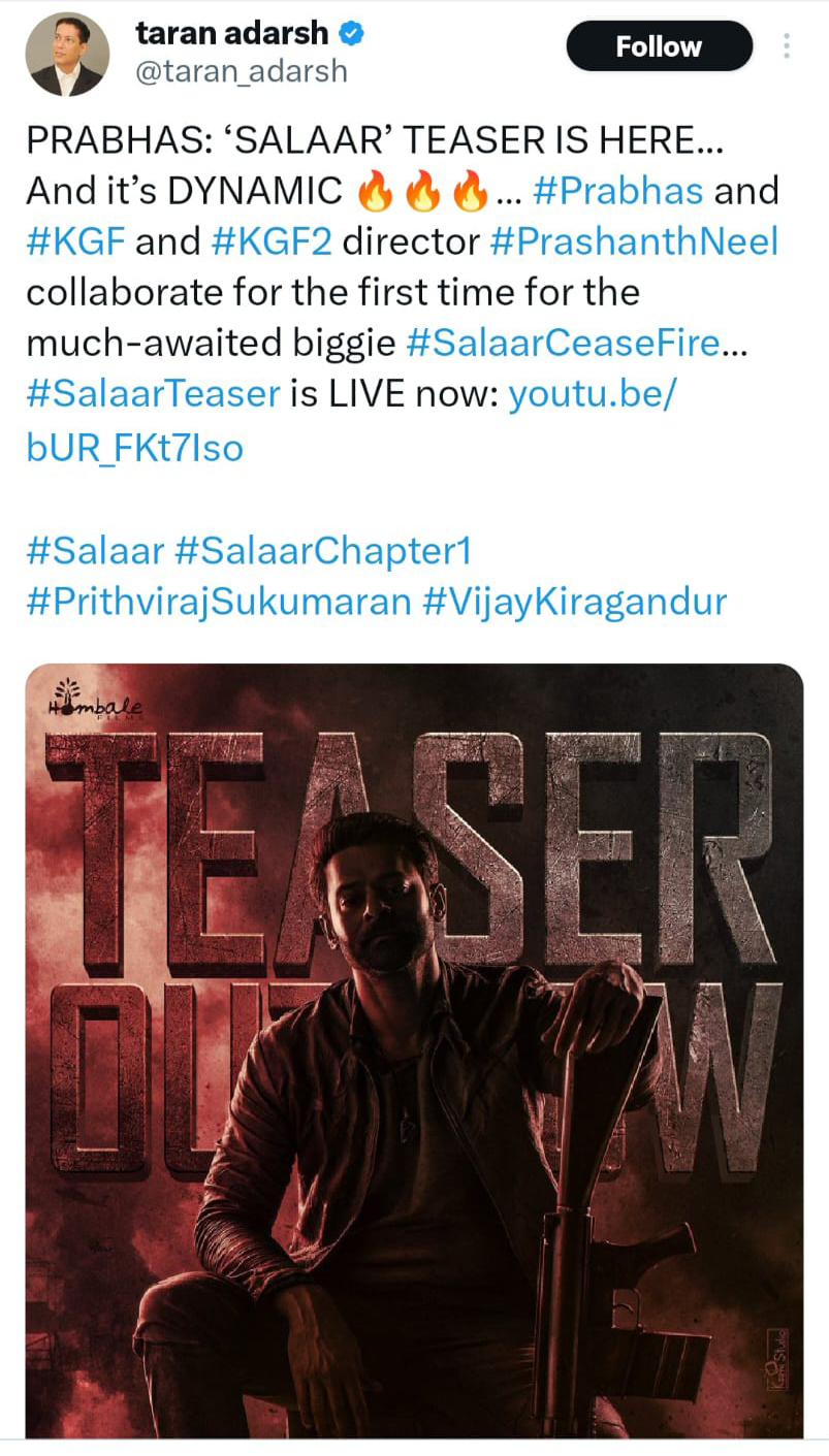 Salaar Teaser Release: Salaar Teaser Strikes Gold on Twitter, Prabhas ...