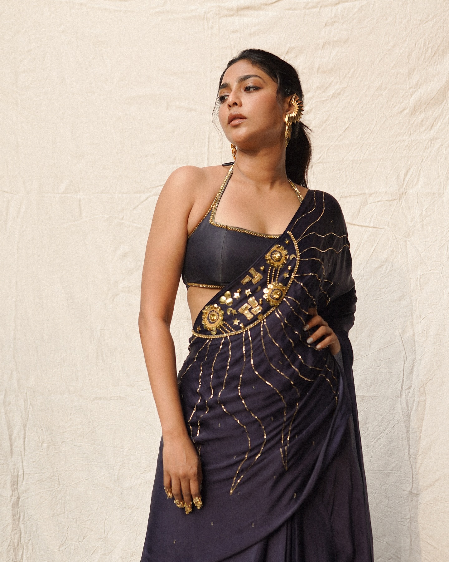 Aishwarya Lekshmi Stuns in Navy Blue Lehenga and Halter Neck Blouse ...
