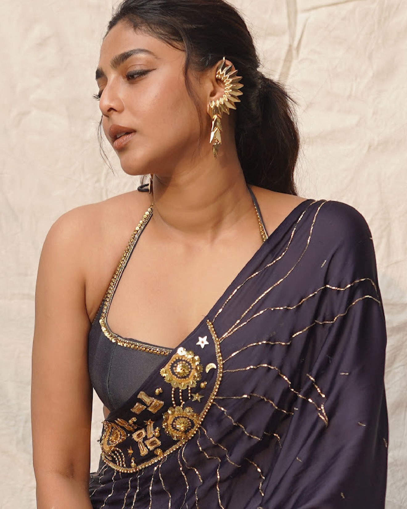 Aishwarya Lekshmi Stuns in Navy Blue Lehenga and Halter Neck Blouse ...