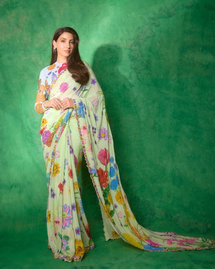 Nora Fatehi Blossoms In An Elegant Floral Saree - Filmibeat