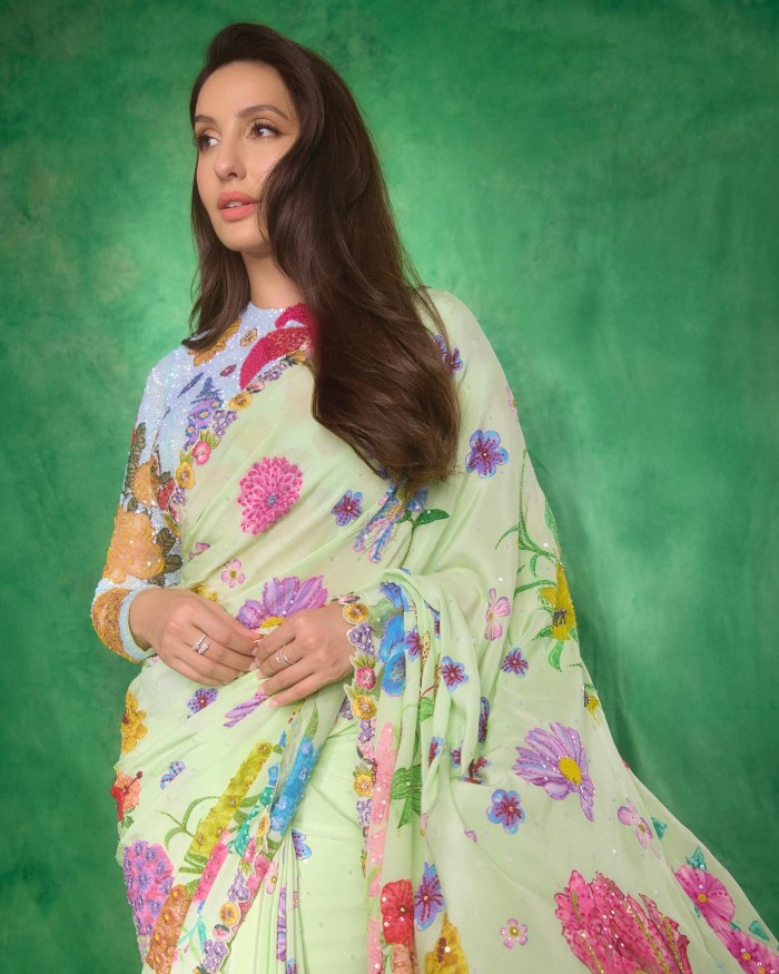 Nora Fatehi Blossoms In An Elegant Floral Saree - Filmibeat