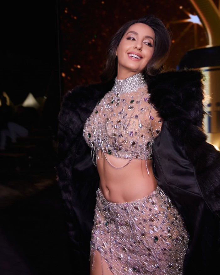 Nora Fatehi Shines Bright In A Sparkling Crystal Gown And Luxe Black Fur - Filmibeat