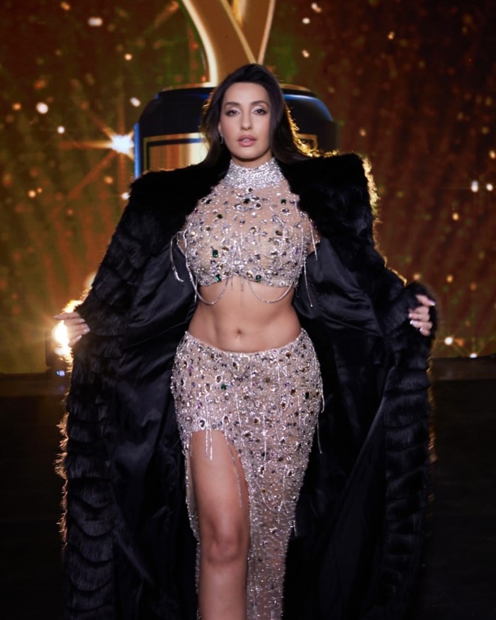 Nora Fatehi Shines Bright In A Sparkling Crystal Gown And Luxe Black Fur - Filmibeat
