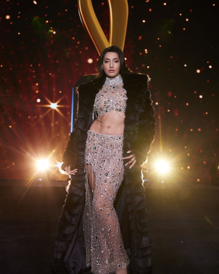 Nora Fatehi Shines Bright In A Sparkling Crystal Gown And Luxe Black Fur - Filmibeat