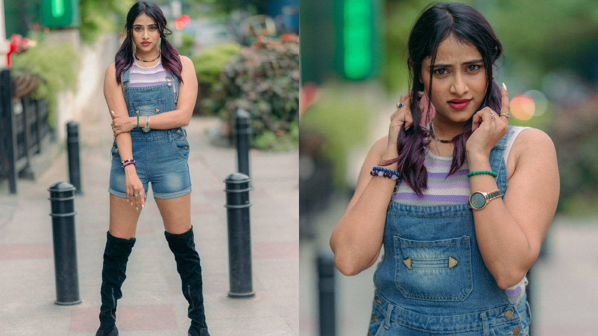 Bigg Boss Fame Sangeetha Sringeri Denim Dungaree Look with Knee-High ...