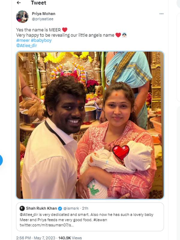 Atlee baby name: ஷாருக்கானோட அப்பா பெயரையே தனது குழந்தைக்கு சூட்டிய ...