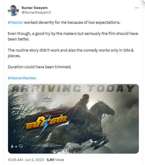 Veeran Twitter Review: மின்னல் முரளியை மிஞ்சியதா ஹிப் ஹாப் ஆதியின் ...